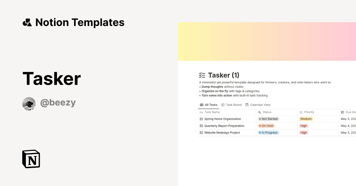 Tasker Template by Beezy | Notion Marketplace