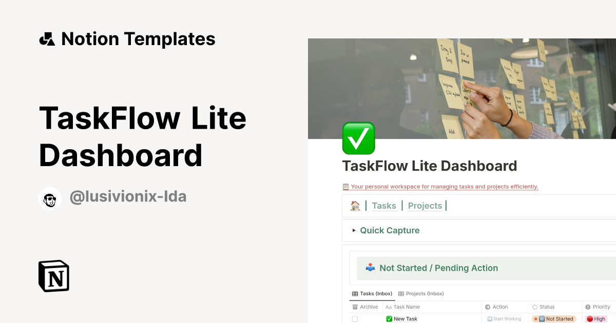 TaskFlow Lite Dashboard Template by Lusivionix LDA | Notion Marketplace