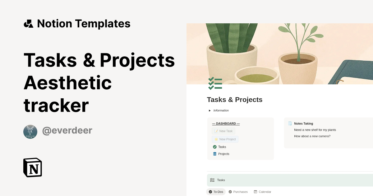 Tasks & Projects Aesthetic tracker Template by Everdeer Studio | Notion ...