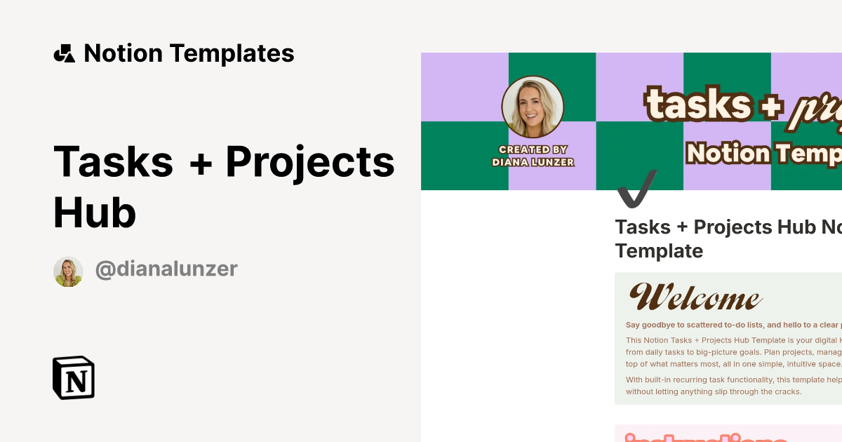 Tasks + Projects Hub Template by Diana Lunzer | Notion Marketplace