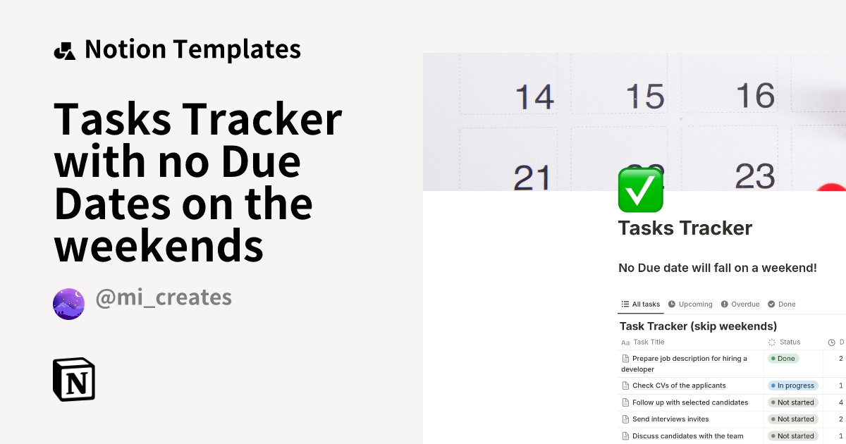 Tasks Tracker With No Due Dates On The Weekends Template By Mi Creates Notion Marketplace