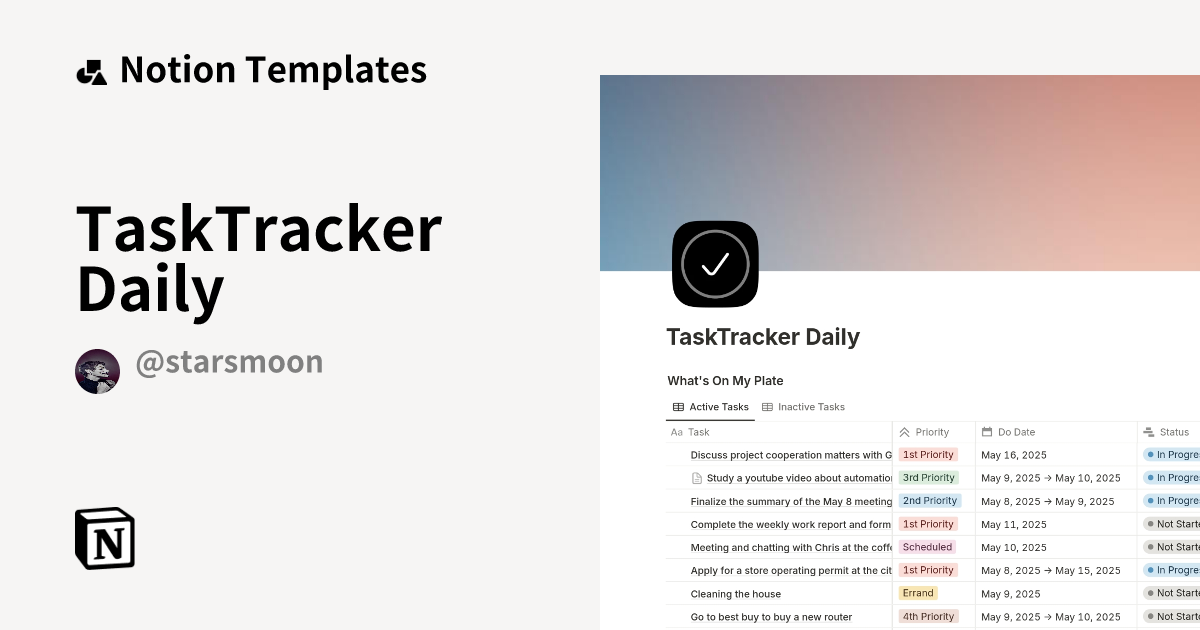 TaskTracker Daily Template by Starsmoon | Notion Marketplace