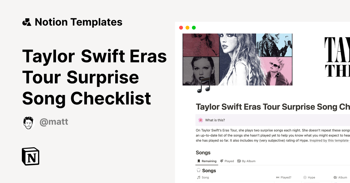 Taylor Swift Eras Tour Surprise Song Checklist Template by Matt ...