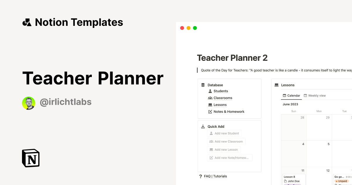 Teacher Planner Template by IrlichtLabs | Notion Marketplace