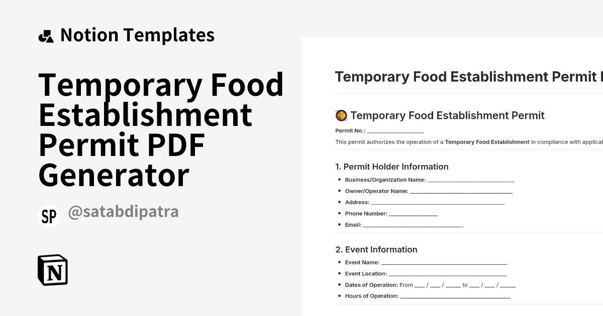 Temporary Food Establishment Permit PDF Generator Template by Satabdi ...