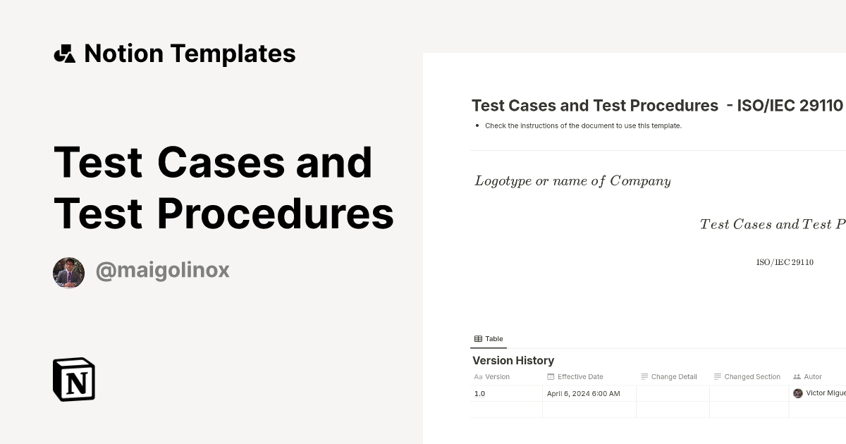 Test Cases and Test Procedures Template by Victor Terrón | Notion ...