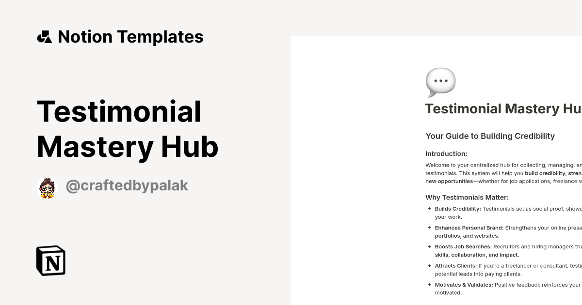 Testimonial Mastery Hub Template by craftedbypalak | Notion Marketplace