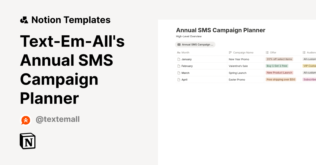 Text-Em-All's Annual SMS Campaign Planner Template | Notion Marketplace