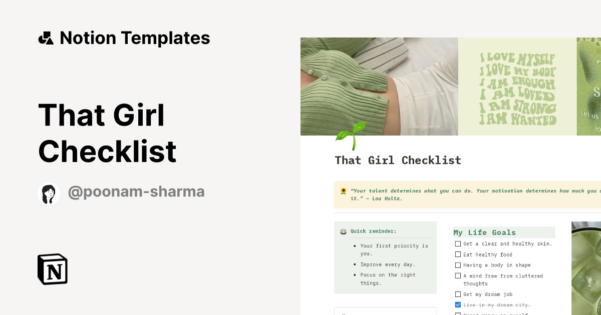 That Girl Checklist Template by Poonam Sharma | Notion Marketplace