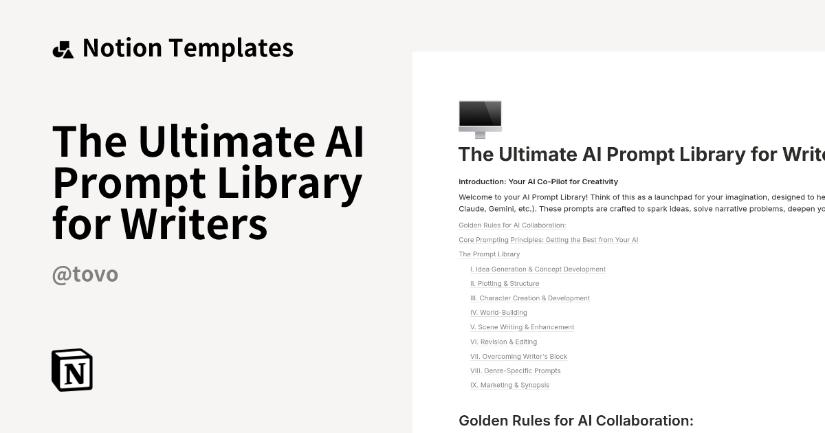 The Ultimate AI Prompt Library for Writers Template by Tovo | Notion Marketplace