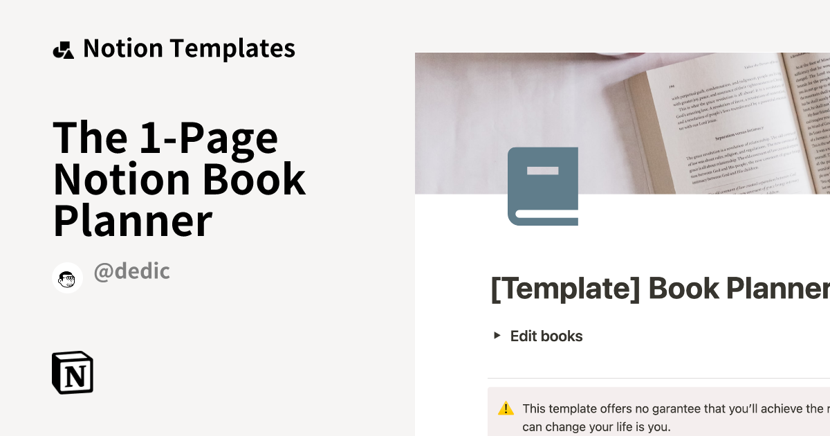 The 1-Page Notion Book Planner Template | Notion Marketplace
