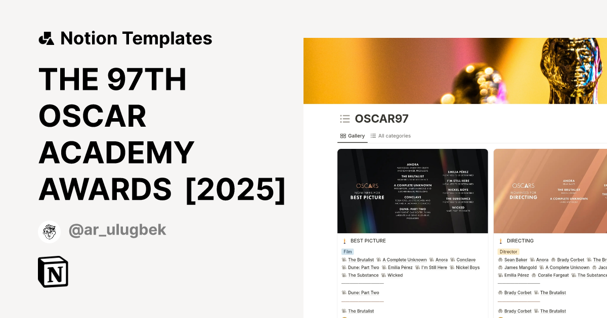 THE 97TH OSCAR ACADEMY AWARDS [2025] Template by ArU | Notion Marketplace