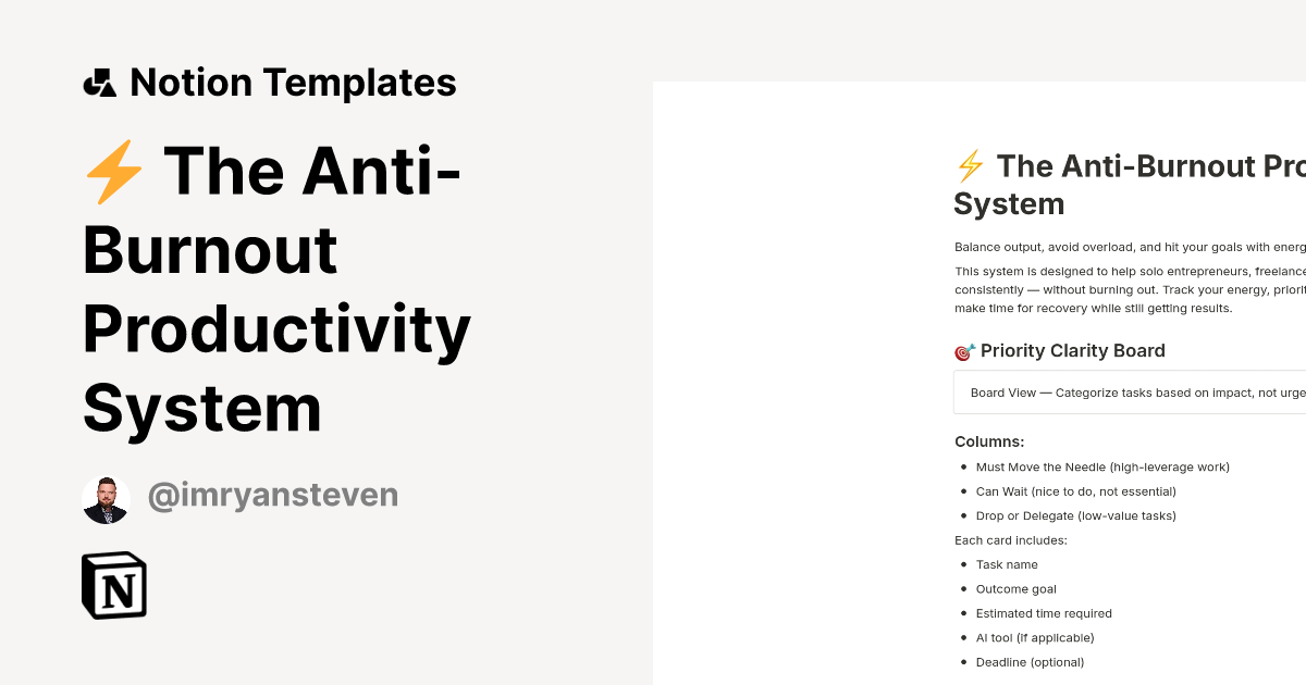 ⚡ The Anti-Burnout Productivity System Template by Ryan Steven | Notion ...