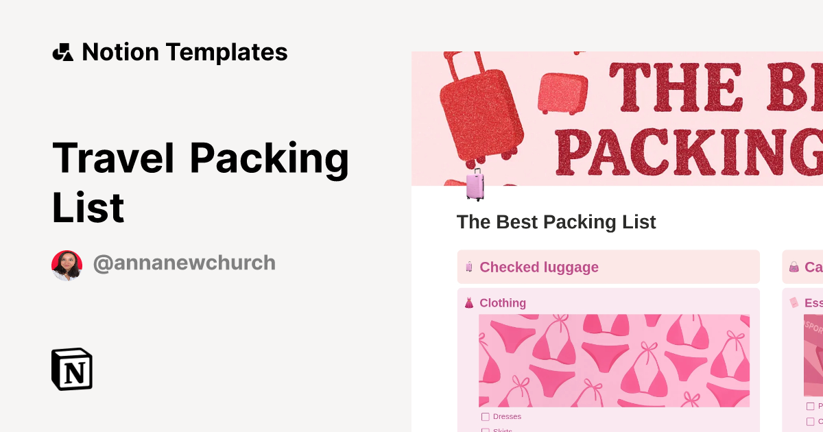 Travel Packing List Template by anna newchurch | Notion Marketplace