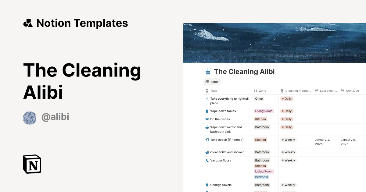 The Cleaning Alibi Template by Alibi | Notion Marketplace