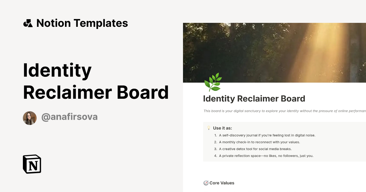 Identity Reclaimer Board Template by Ana Firsova | Notion Marketplace