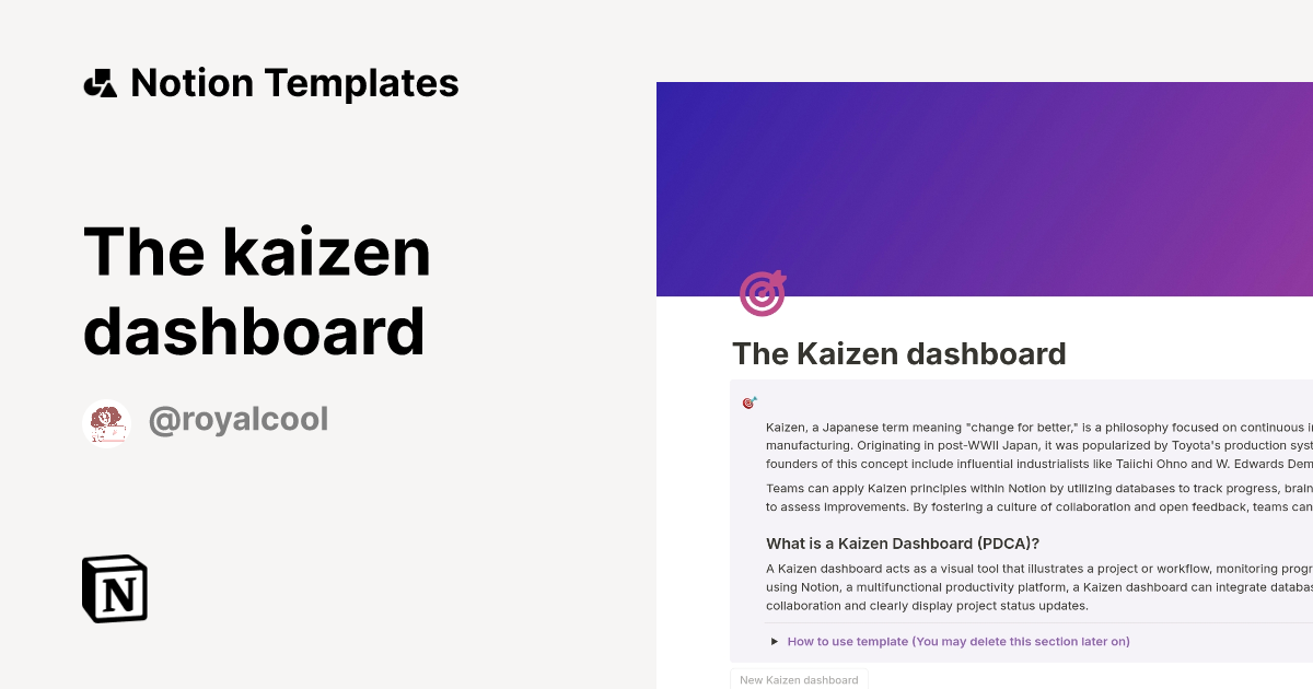 The kaizen dashboard Template by Royalcool | Notion Marketplace
