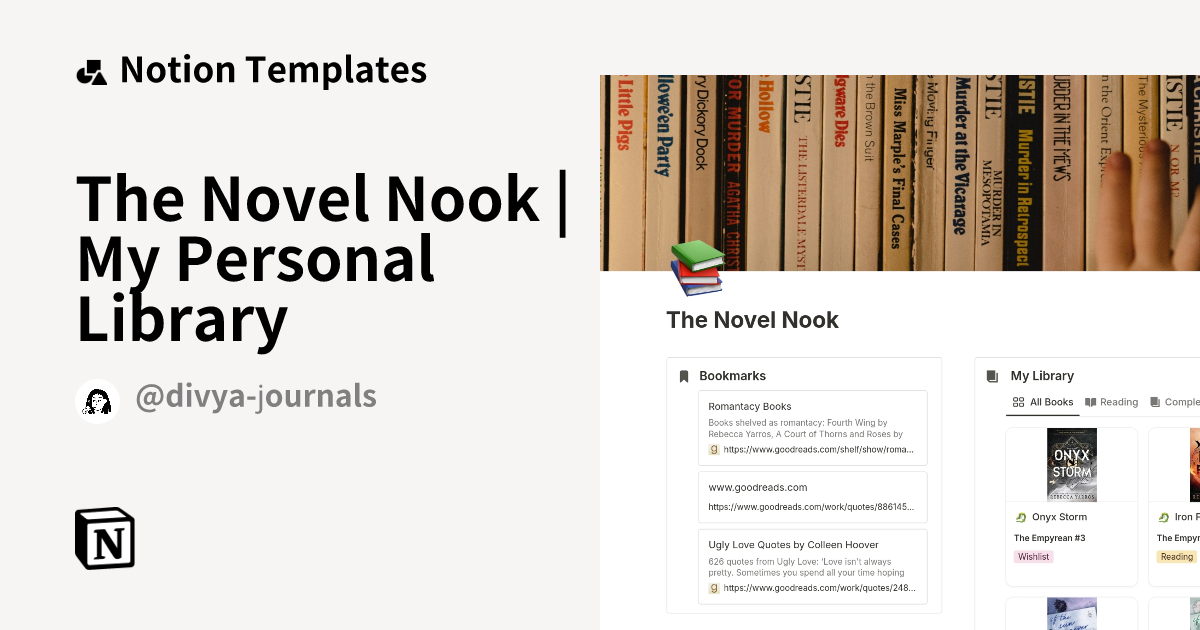 The Novel Nook | My Personal Library Template by Divya Journals | Notion Marketplace