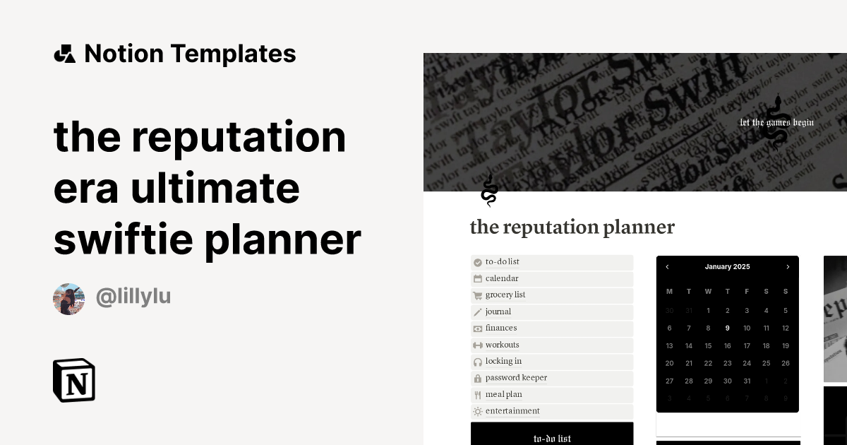 the reputation era ultimate swiftie planner Template | Notion Marketplace