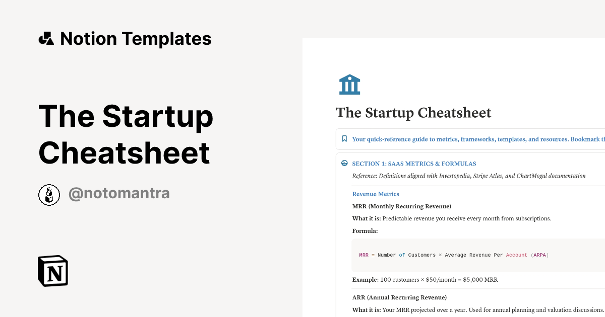 The Startup Cheatsheet Template by NotoMantra | Notion Marketplace