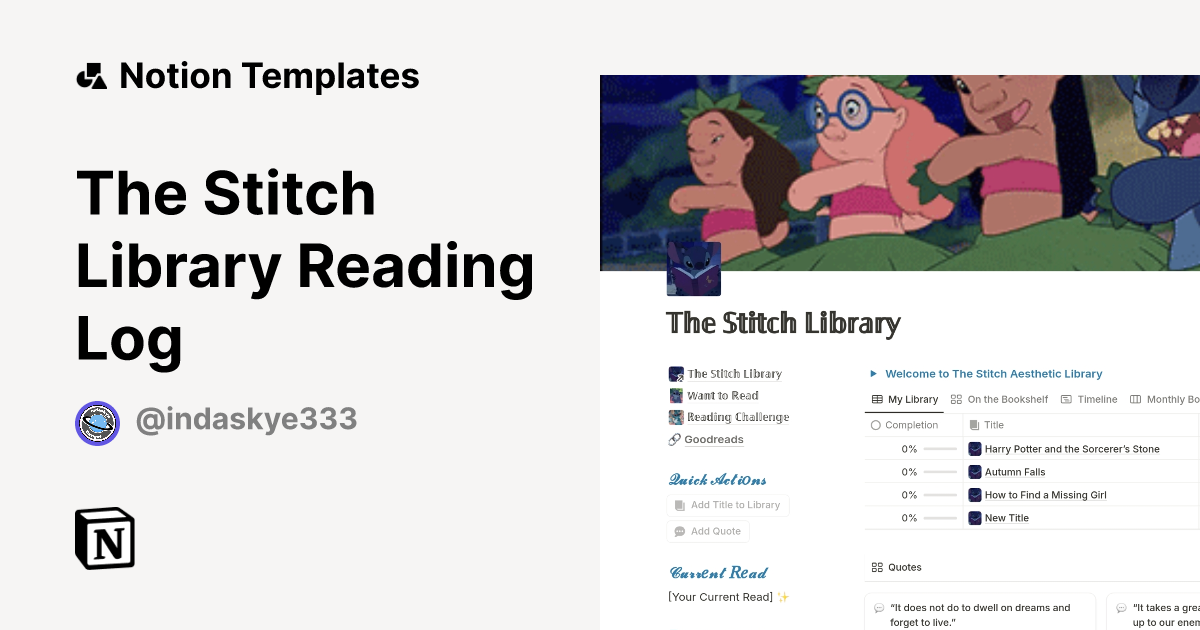 The Stitch Library Reading Log Template by indaskyeDesigns | Notion ...