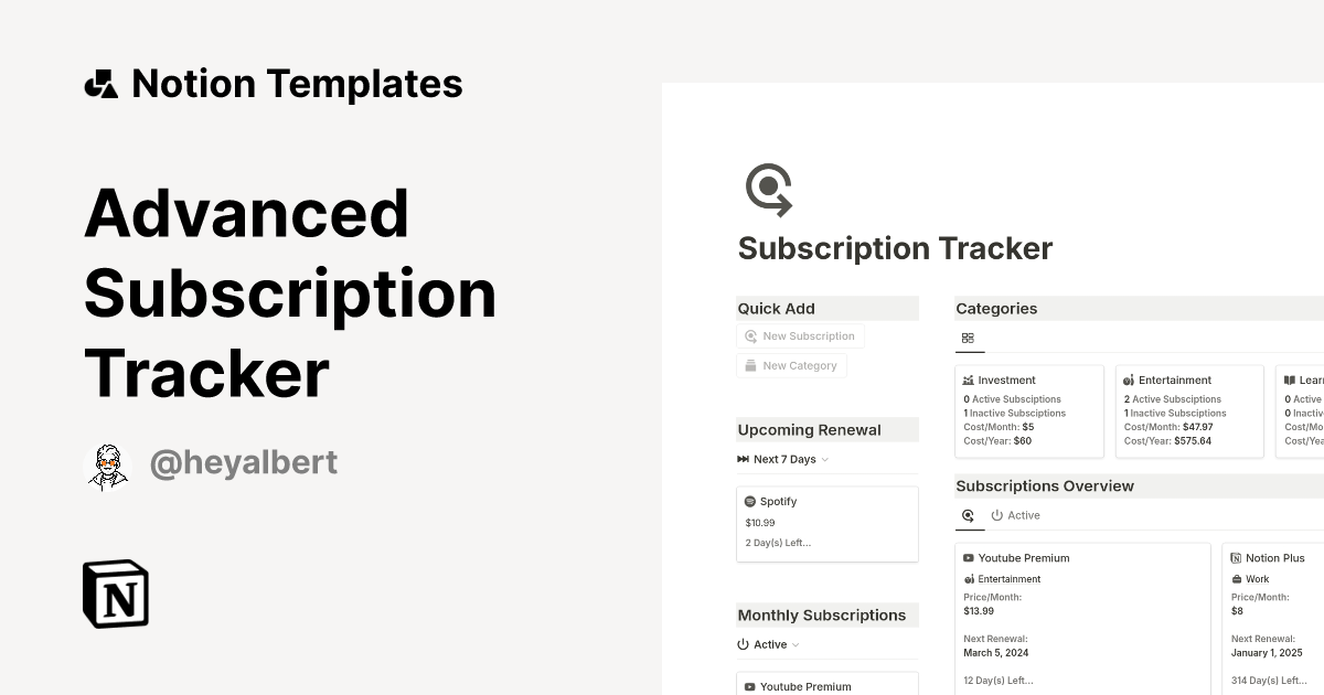 Advanced Subscription Tracker Template by HeyAlbert | Notion Marketplace