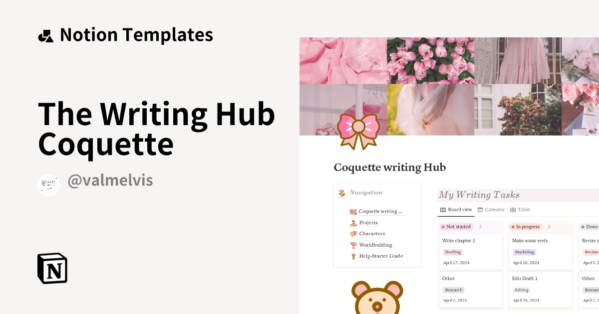 The Writing Hub Coquette Template by Aesthetic Writer's Desk | Notion ...