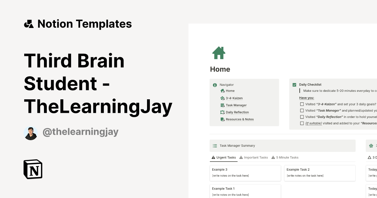 Third Brain Student - TheLearningJay Template | Notion Marketplace