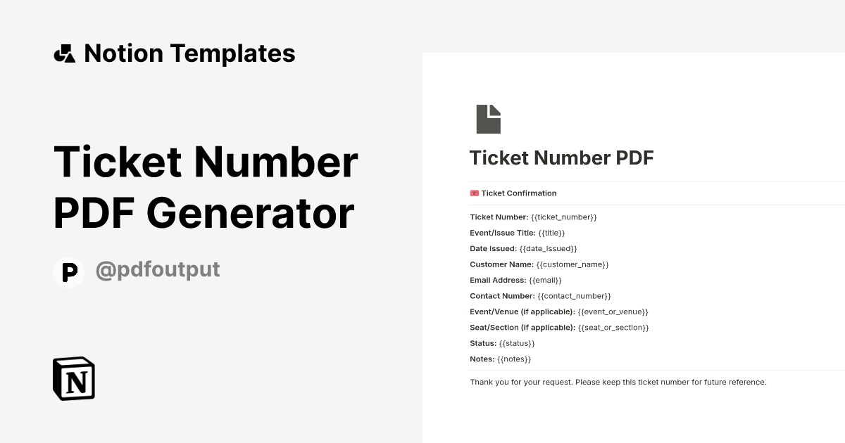Ticket Number PDF Generator Template by PDFOutput | Notion Marketplace