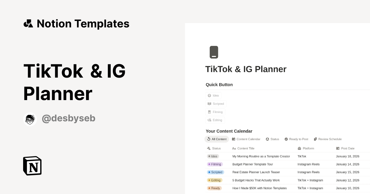 TikTok & IG Planner Template | Notion Marketplace