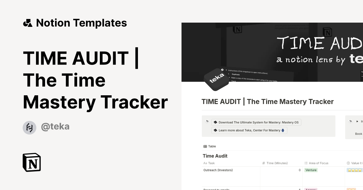 TIME AUDIT | The Time Mastery Tracker Template by Teka | Notion Marketplace