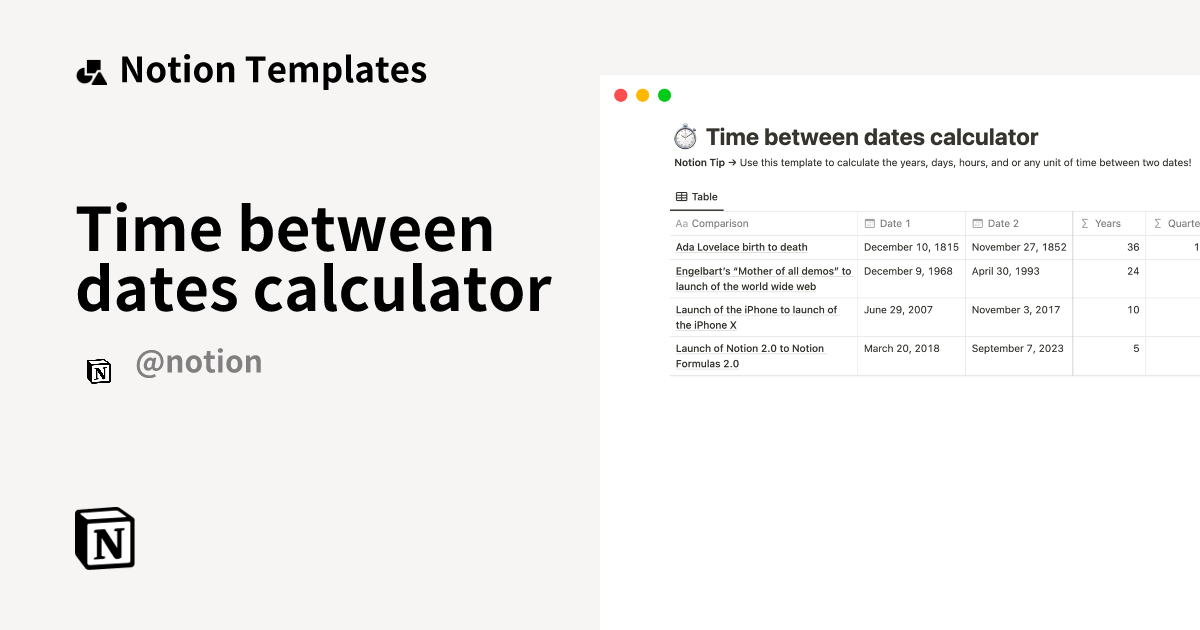 Time between dates calculator 2025 Template | Notion Marketplace