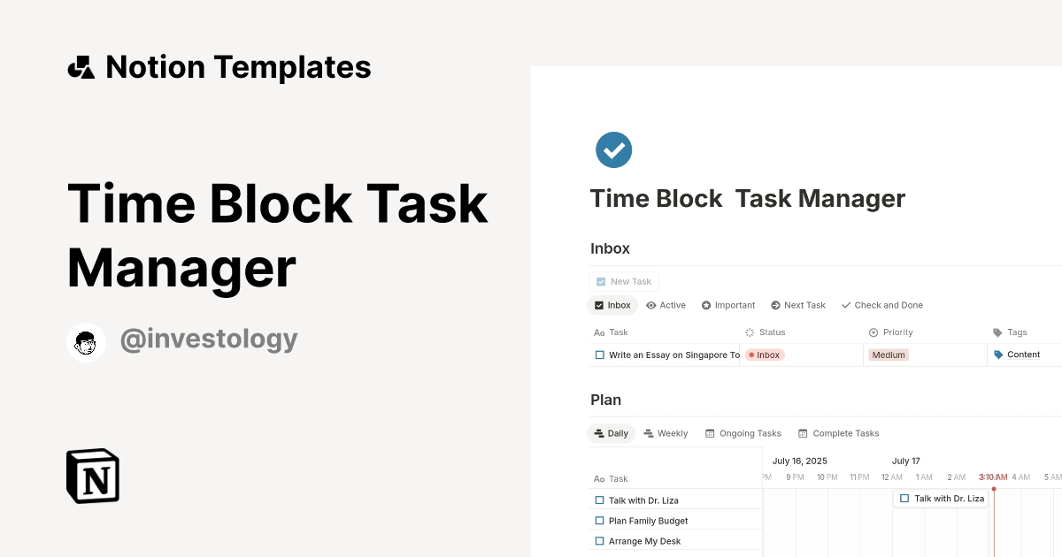 Time Block Task Manager Template | Notion Marketplace