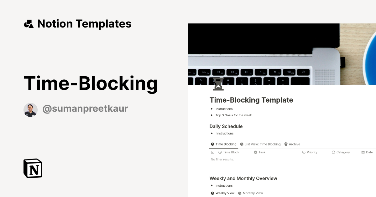 Time-Blocking Template by Kaur's Digital Creations | Notion Marketplace