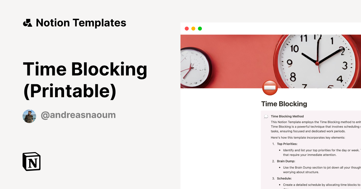 Time Blocking (Printable) Template by Andreas Naoum | Notion Marketplace