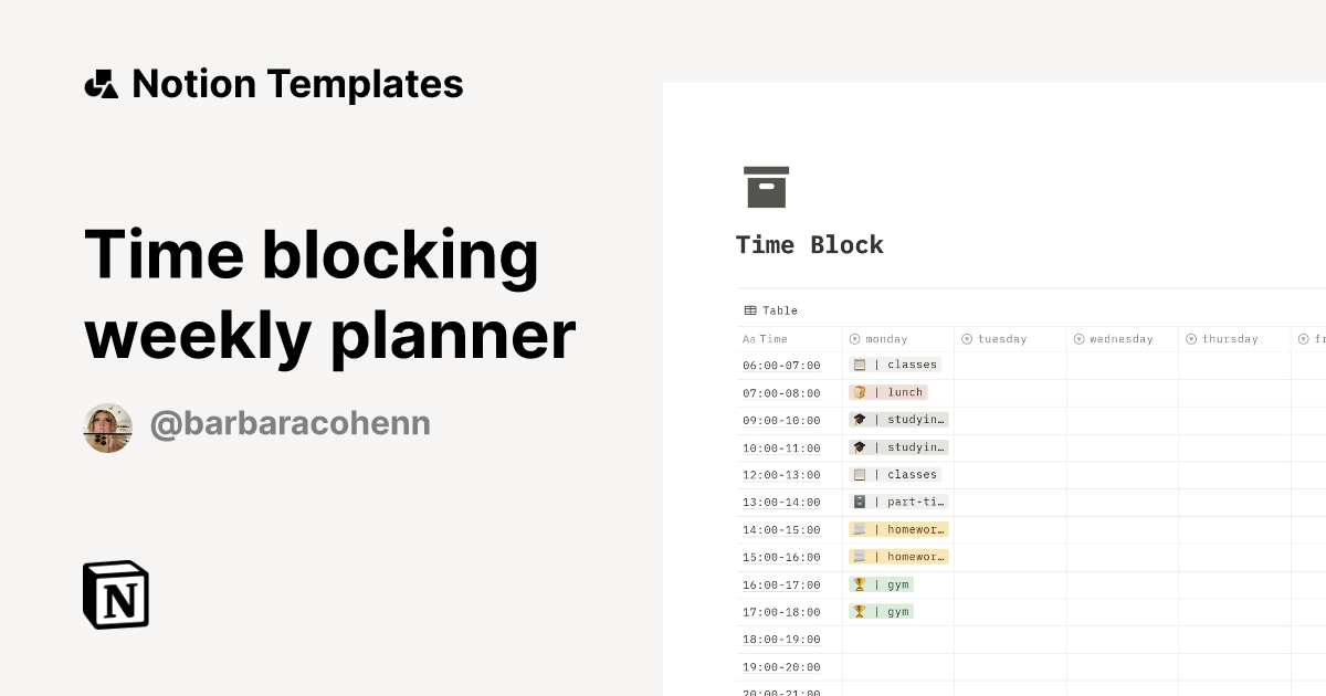 Time blocking weekly planner Template | Notion Marketplace