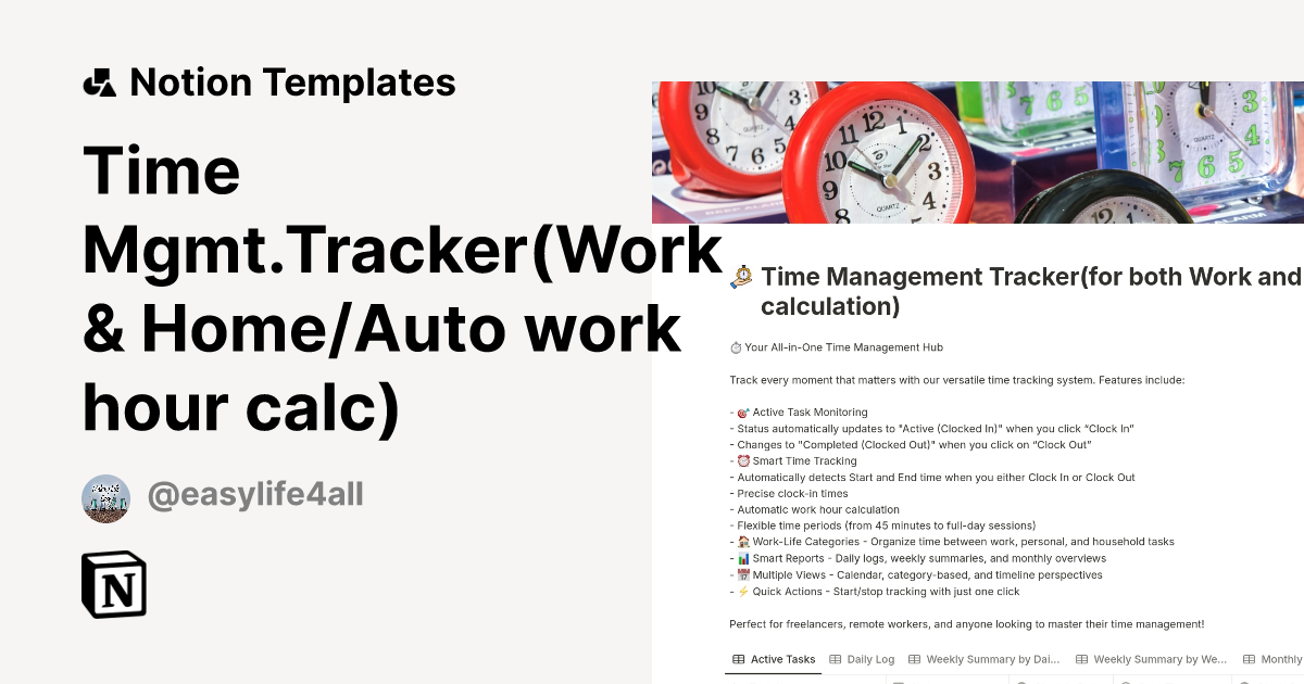 Time Mgmt.Tracker(Work & Home/Auto work hour calc) Template | Notion ...