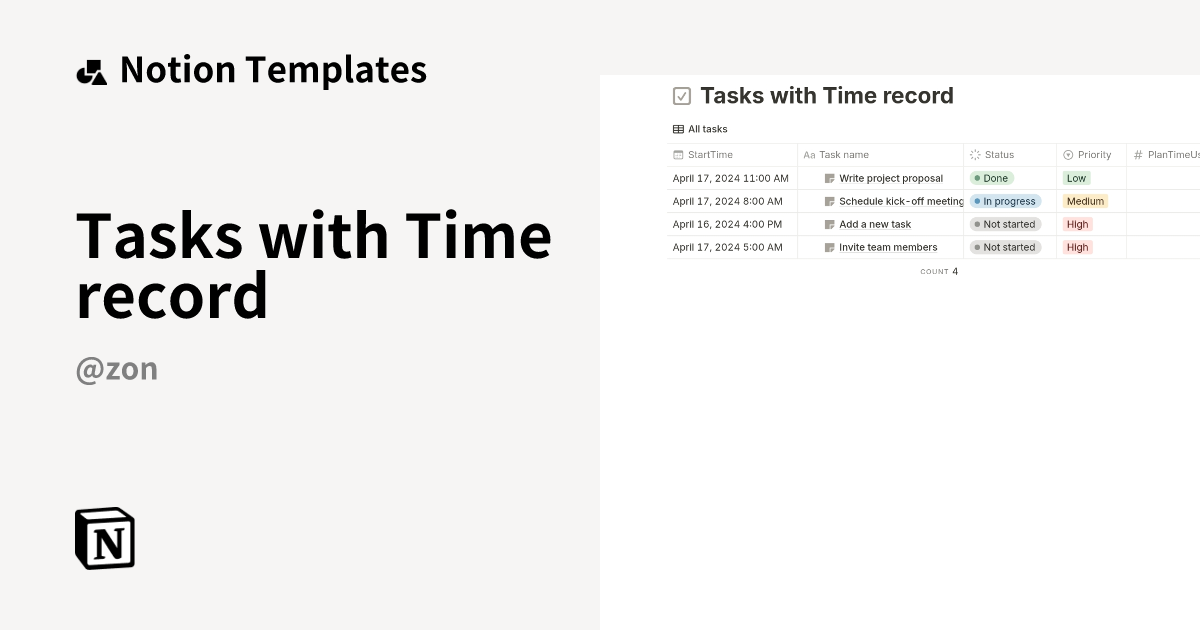 Tasks with Time record Template | Notion Marketplace