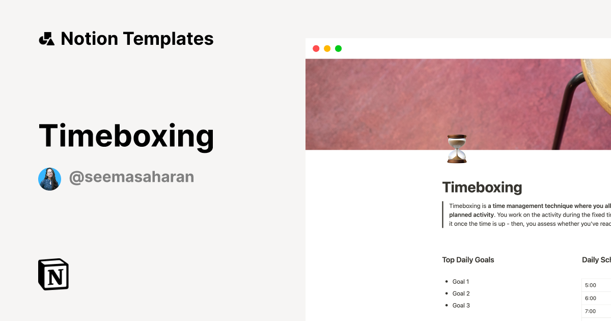 Timeboxing Template by Seema Saharan | Notion Marketplace