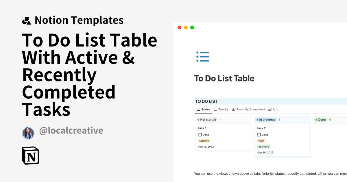 To Do List Table With Active & Recently Completed Tasks Template by ...