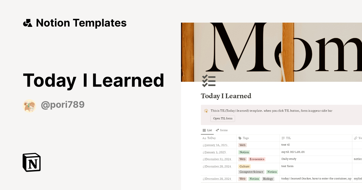 Today I Learned Template by Pori | Notion Marketplace