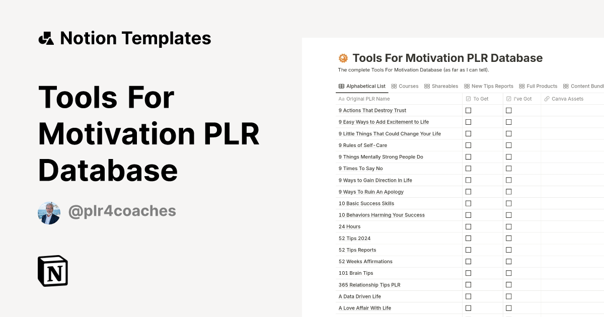 Tools For Motivation PLR Database Template | Notion Marketplace