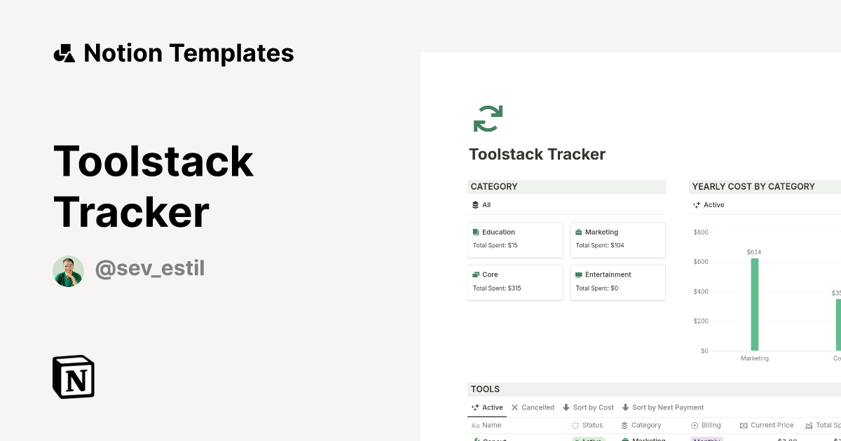 Toolstack Tracker Template by Sev Estil | Notion Marketplace