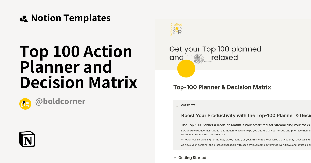 Top 100 Action Planner and Decision Matrix Template | Notion Marketplace