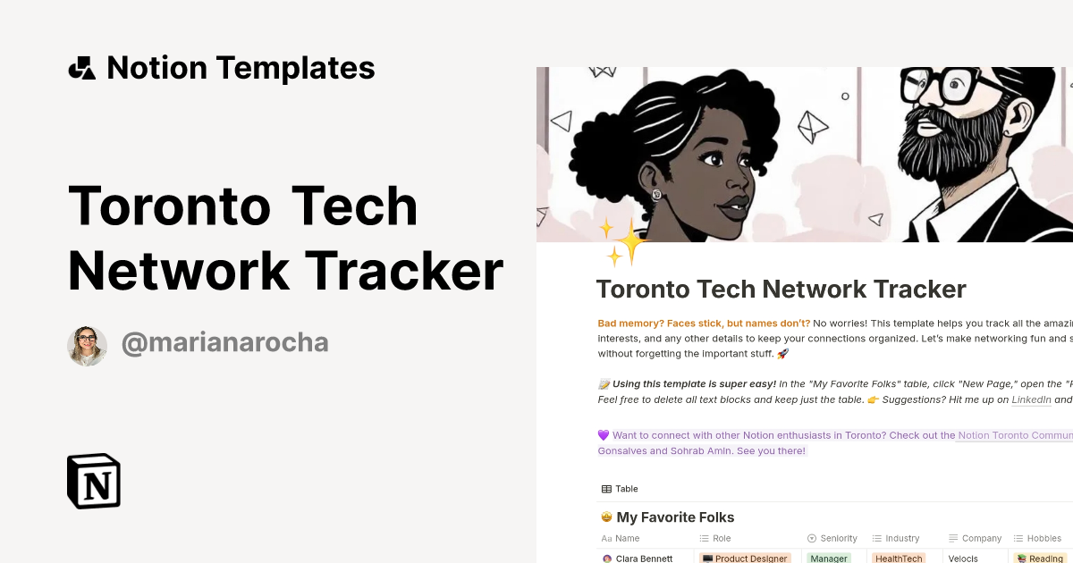 Toronto Tech Network Tracker Template by Mariana Rocha | Notion Marketplace