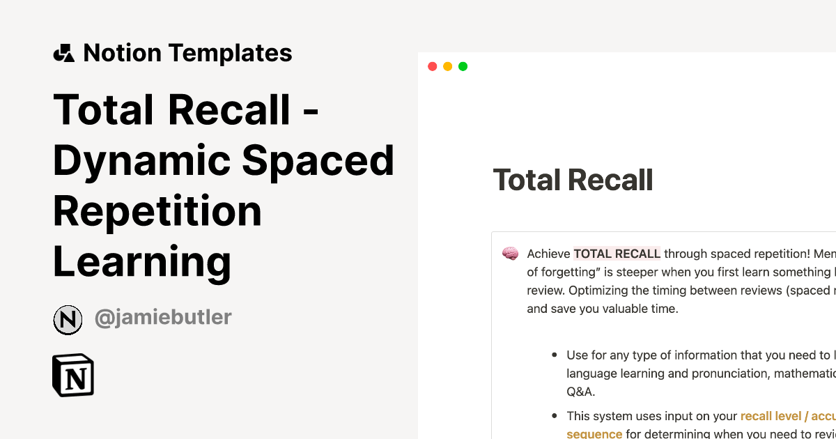 Total Recall - Dynamic Spaced Repetition Learning Template by Jamie Butler | Notion Marketplace