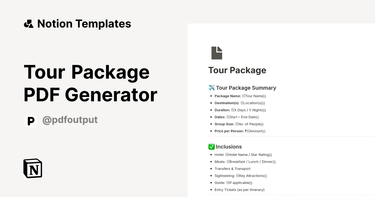 Tour Package PDF Generator Template by PDFOutput | Notion Marketplace