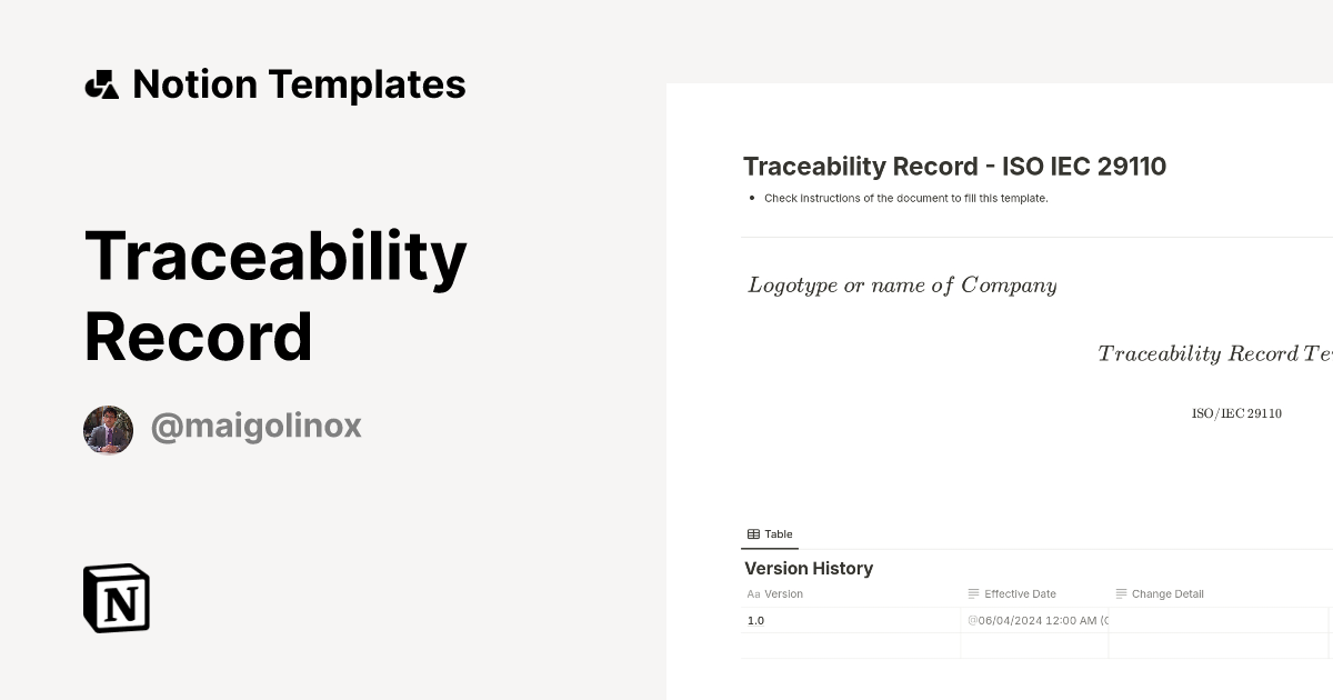 Traceability Record Template by Victor Terrón | Notion Marketplace