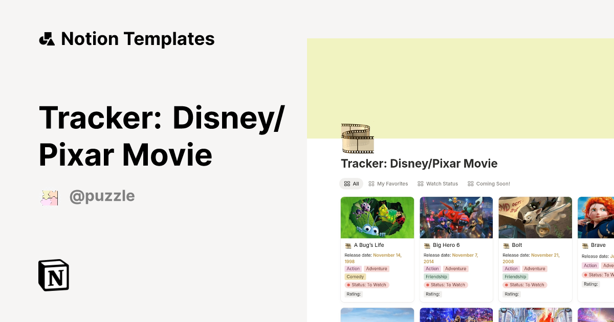 Tracker: Disney/Pixar Movie Template by Puzzle | Notion Marketplace