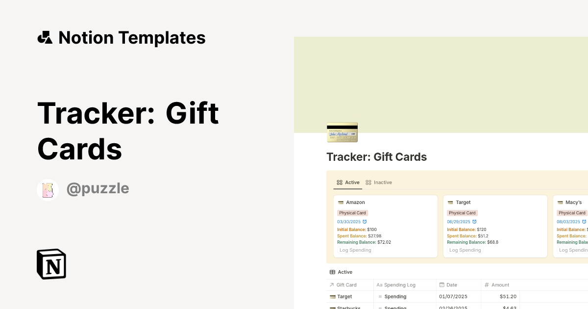 Tracker: Gift Cards Template by Puzzle | Notion Marketplace